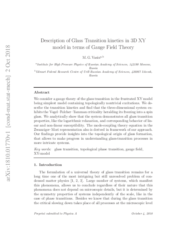 (PDF) Description of glass transition kinetics in 3DXYmodel in terms of ...