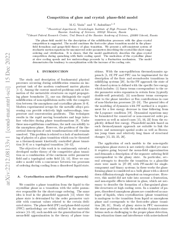 (PDF) Competition of glass and crystal: Phase‐field model