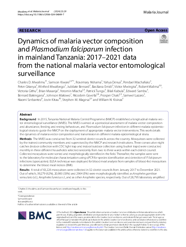 (PDF) Dynamics of malaria vector composition and Plasmodium falciparum infection in mainland ...