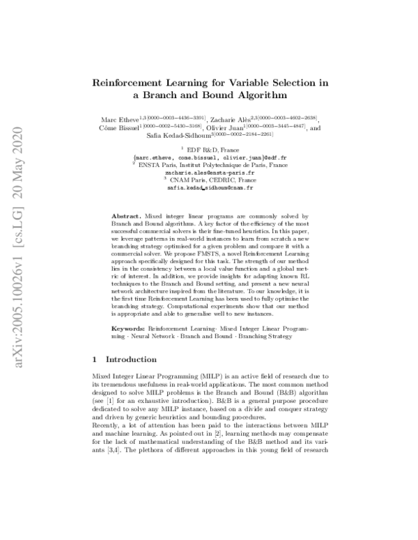 (PDF) Reinforcement Learning for Variable Selection in a Branch and Bound Algorithm