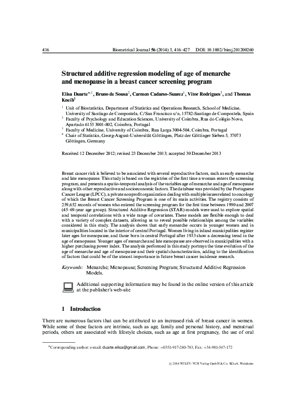 (PDF) Structured additive regression modeling of age of menarche and menopause in a breast ...