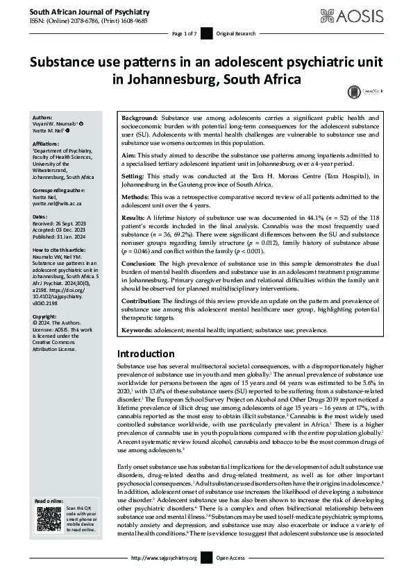 (PDF) Substance use patterns in an adolescent psychiatric unit in ...