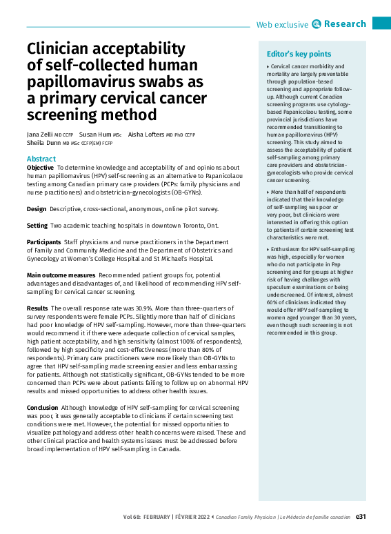 (PDF) Clinician acceptability of self-collected human papillomavirus ...