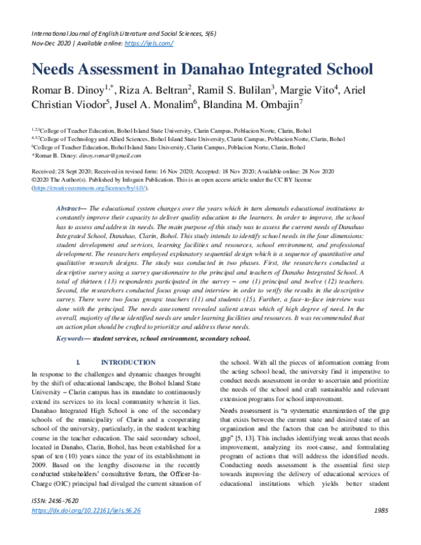 (PDF) Needs Assessment in Danahao Integrated School