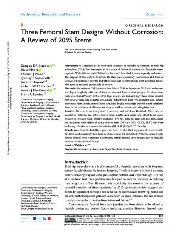 (PDF) Three Femoral Stem Designs Without Corrosion: A Review of 2095 Stems