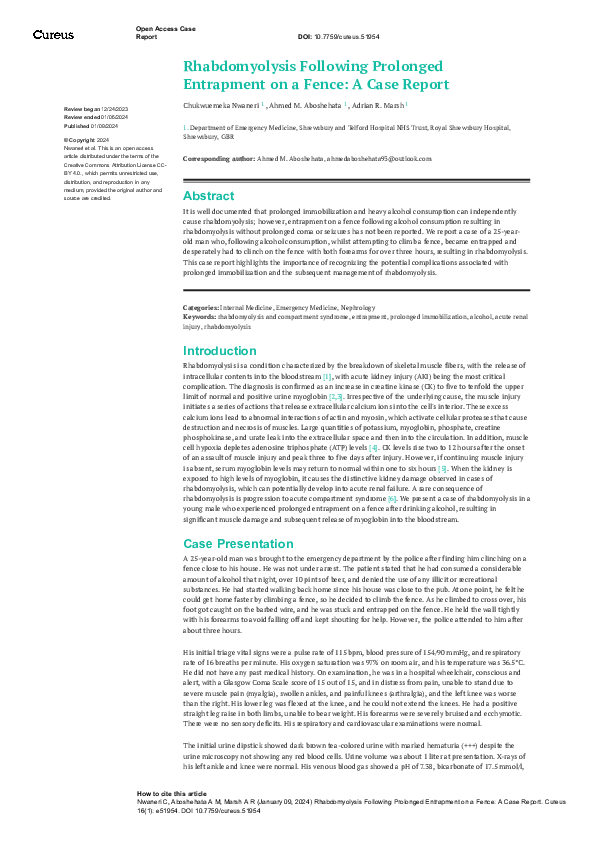(PDF) Rhabdomyolysis Following Prolonged Entrapment on a Fence: A Case ...