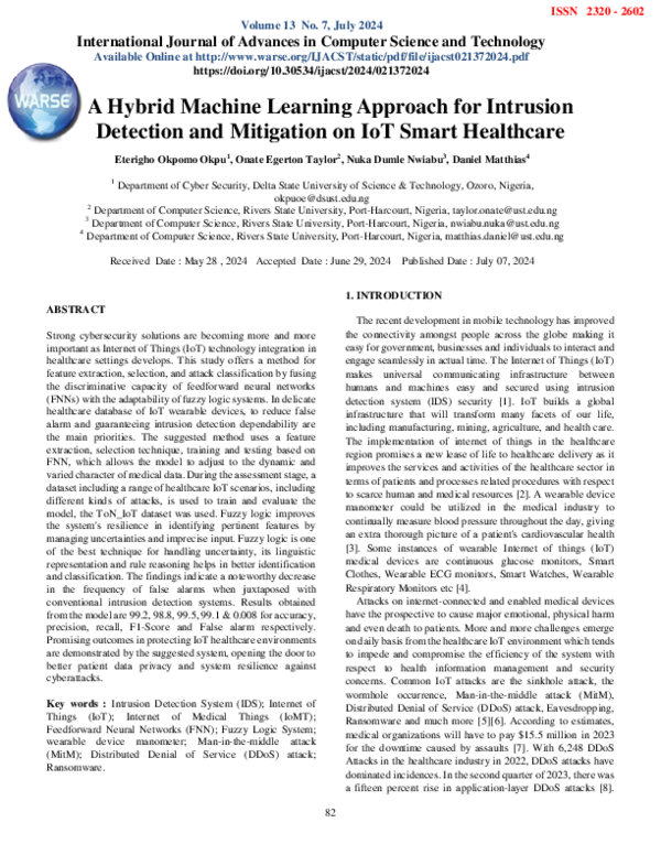Pdf Hybrid Ml For Iot Healthcare Intrusion Detection