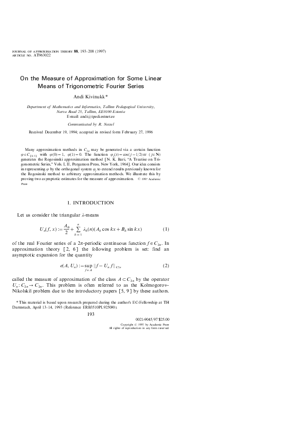 (PDF) On the Measure of Approximation for Some Linear Means of Trigonometric Fourier Series