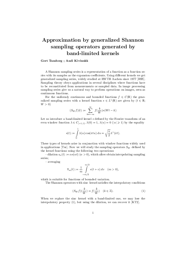(PDF) Approximation by generalized Shannon sampling operators generated by band‐limited kernels