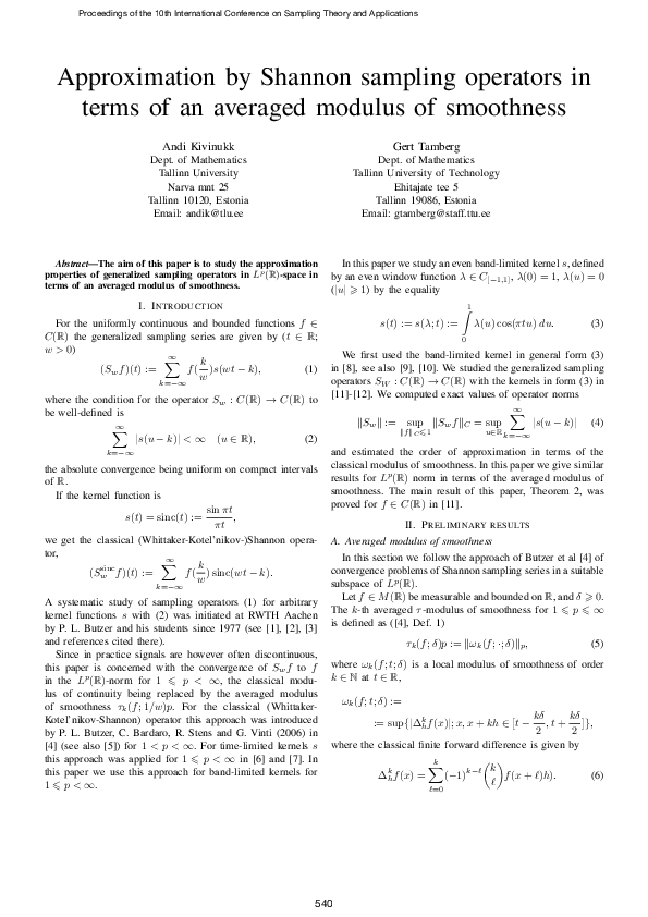 Pdf Approximation By Shannon Sampling Operators In Terms Of An Averaged Modulus Of Smoothness