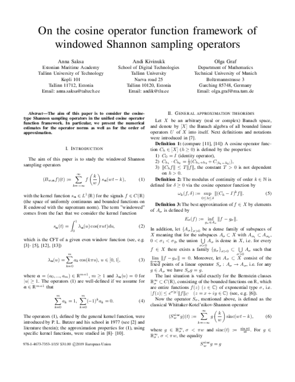(PDF) On the cosine operator function framework of windowed Shannon ...
