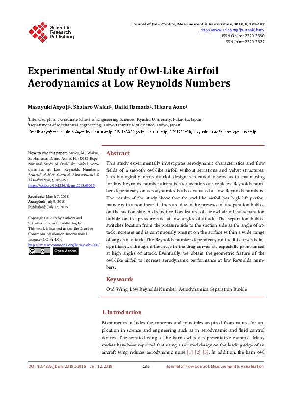 (PDF) Experimental Study of Owl-Like Airfoil Aerodynamics at Low Reynolds Numbers