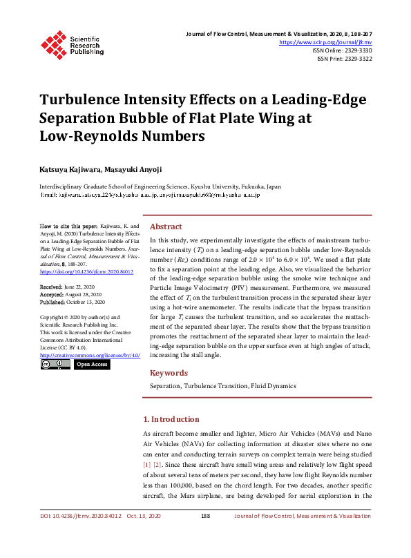(PDF) Turbulence Intensity Effects on a Leading-Edge Separation Bubble of Flat Plate Wing at Low ...
