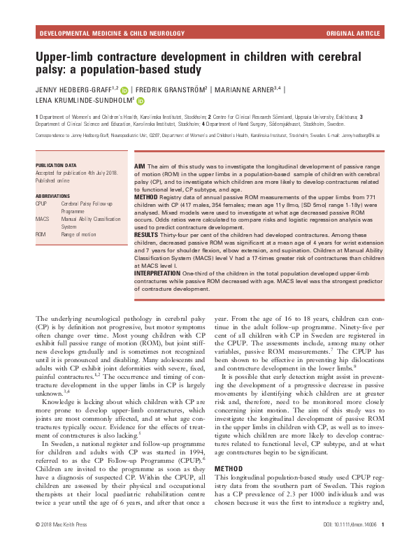 (PDF) Upper limb contracture development in children with CP: a ...