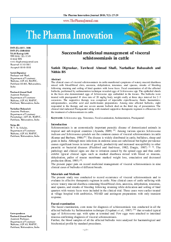 (PDF) Successful medicinal management of visceral schistosomiasis in cattle
