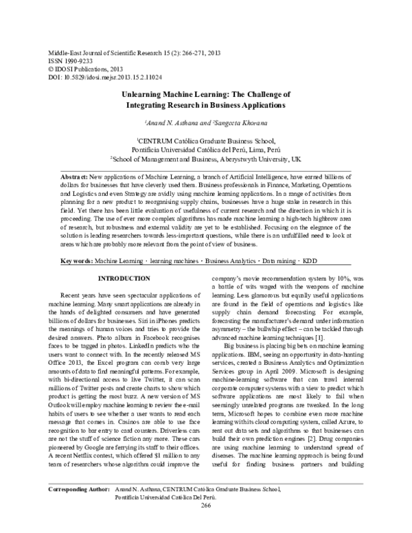(PDF) Unlearning Machine Learning: The Challenge of Integrating Research in Business Applications