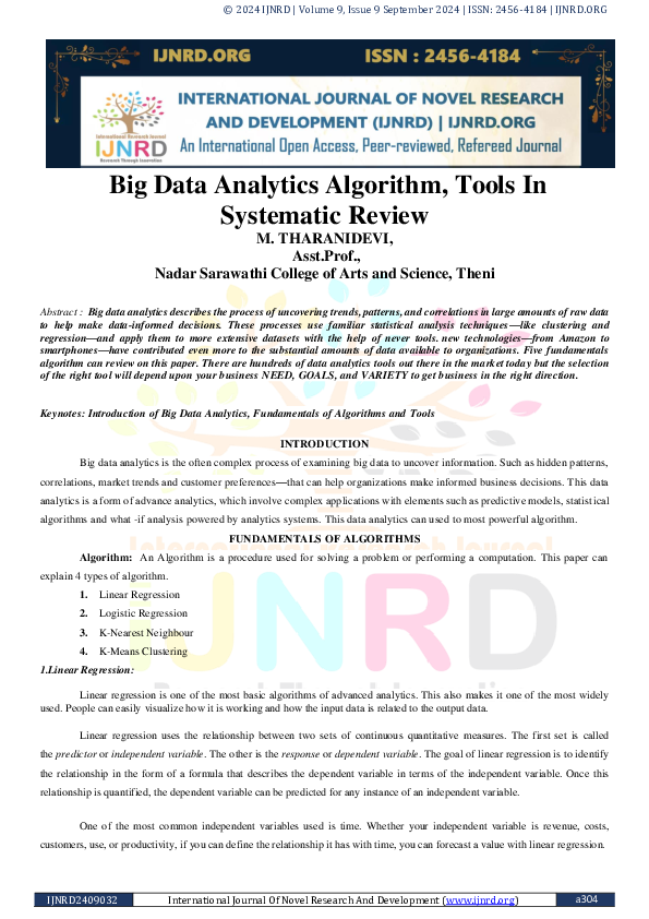 (PDF) Big Data Analytics Algorithm, Tools In Systematic Review