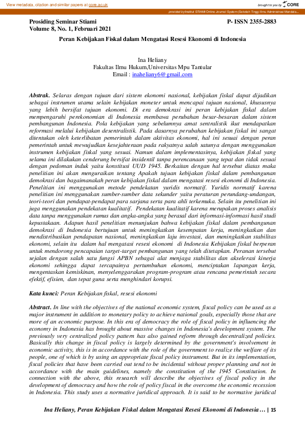 (PDF) Peran Kebijakan Fiskal dalam Mengatasi Resesi Ekonomi di Indonesia