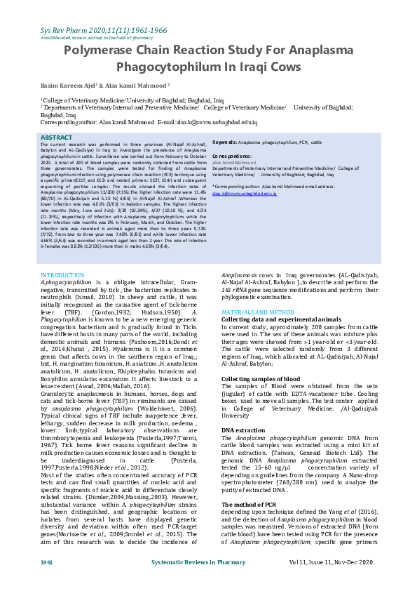 (PDF) Polymerase Chain Reaction Study For Anaplasma Phagocytophilum In ...
