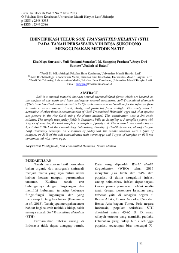 (PDF) Identifikasi Telur Soil Transmitted Helmint (STH) Pada Tanah Persawahan DI Desa Sukodono ...