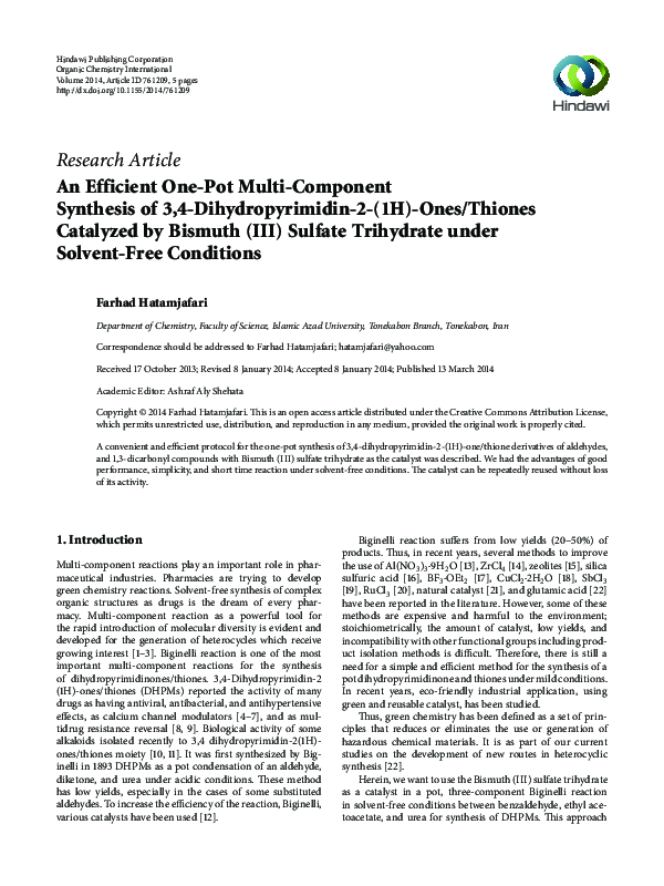 (PDF) Efficient One-Pot Synthesis of 3,4-Dihydropyrimidinones