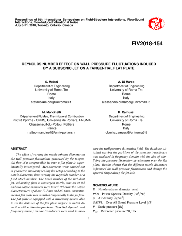 (PDF) Reynolds number effect on wall pressure fluctuations induced by a ...