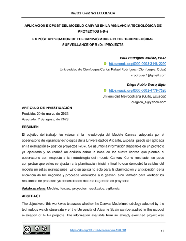 (PDF) Aplicación Ex post del modelo canvas en la vigilancia tecnológica de proyectos I+D+i