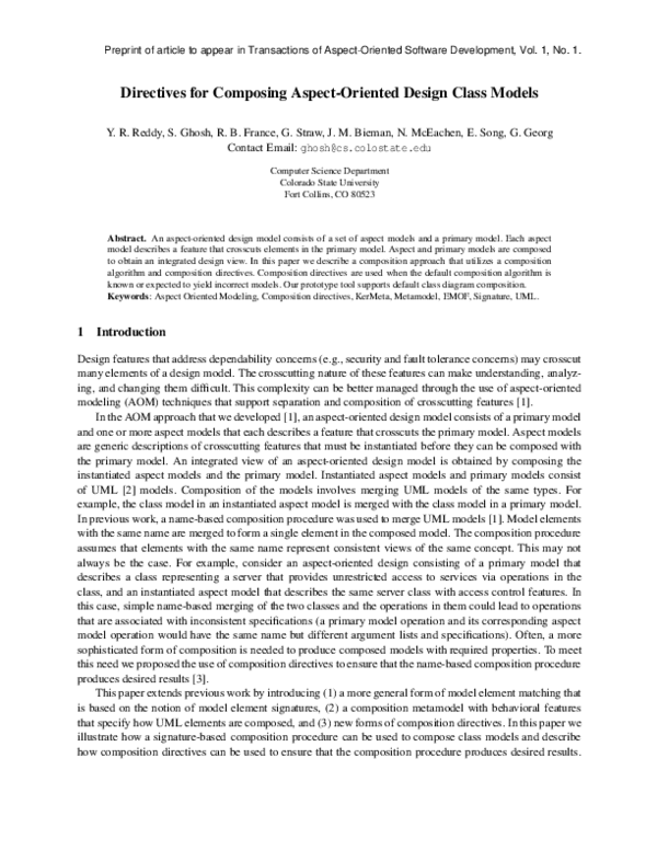 (PDF) Directives for Composing Aspect-Oriented Design Class Models | Raghu Reddy - Academia.edu