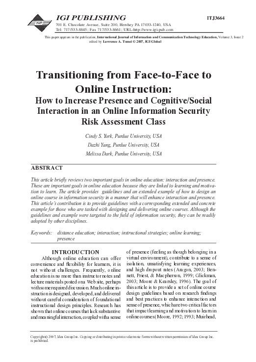 (PDF) Transitioning from Face-to-Face to Online Instruction | Cindy S York - Academia.edu