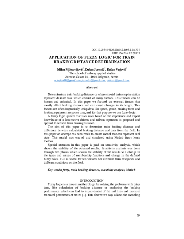 (PDF) Fuzzy Logic for Train Braking Distance Analysis