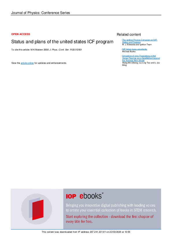 (PDF) Status and plans of the united states ICF program