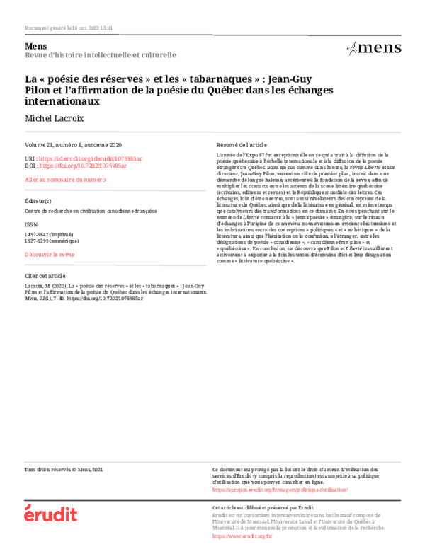 (PDF) La « poésie des réserves » et les « tabarnaques » : Jean-Guy Pilon et l’affirmation de la ...