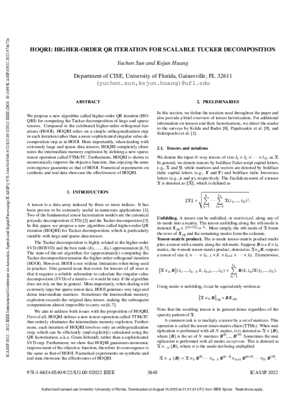 (PDF) HOQRI: HIGHER-ORDER QR ITERATION FOR SCALABLE TUCKER DECOMPOSITION