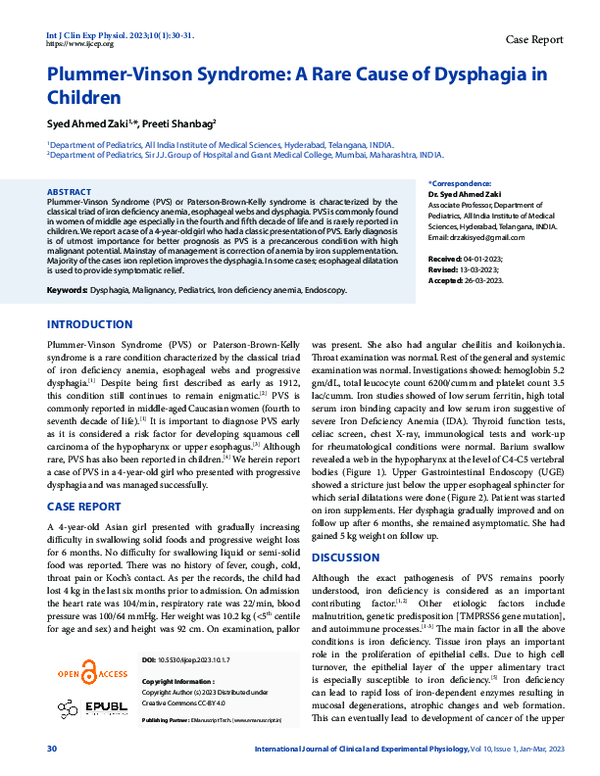(PDF) Plummer-Vinson Syndrome: A Rare Cause of Dysphagia in Children