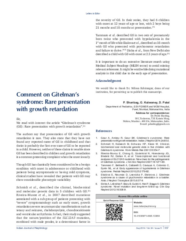 (PDF) Comment on Gitelman's syndrome: Rare presentation with growth ...