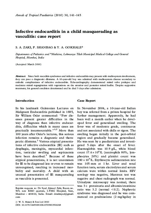 (PDF) Infective endocarditis in a child masquerading as vasculitis ...