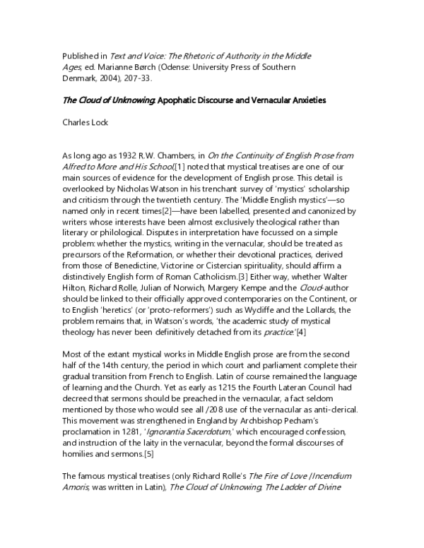 (PDF) The Cloud of Unknowing: Apophatic Discourse and Vernacular Anxieties