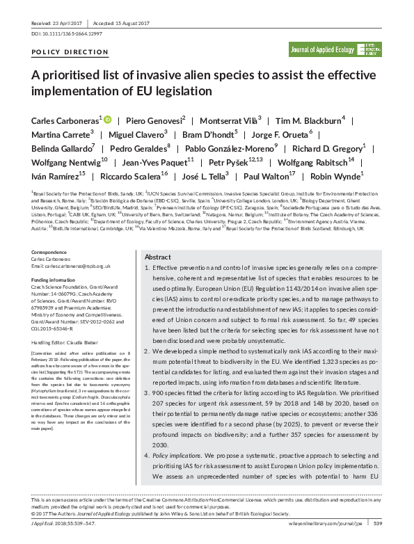 (PDF) A prioritised list of invasive alien species to assist the effective implementation of EU ...