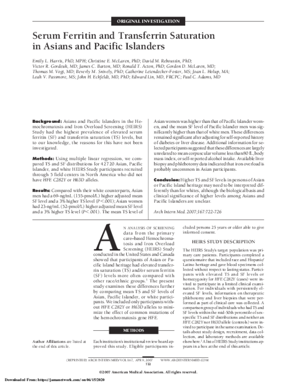 (PDF) Serum Ferritin and Transferrin Saturation in Asians and Pacific ...