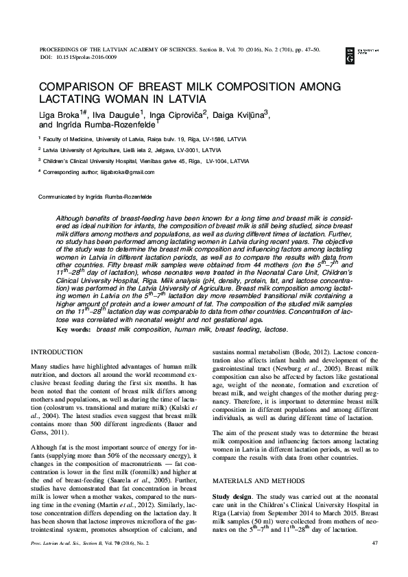 (PDF) Comparison of breast milk composition among lactating women in Latvia