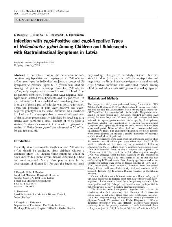 (PDF) Infection with cagA -Positive and cagA -Negative Types of Helicobacter pylori Among ...