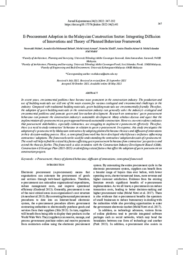 (PDF) E-Procurement Adoption in the Malaysian Construction Sector: Integrating Diffusion of ...