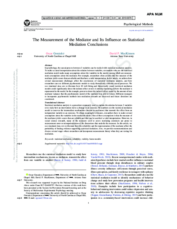 (PDF) The measurement of the mediator and its influence on statistical ...