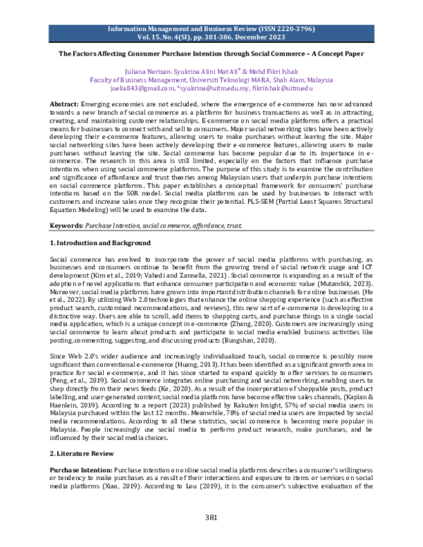 (PDF) The Factors Affecting Consumer Purchase Intention through Social Commerce – A Concept Paper