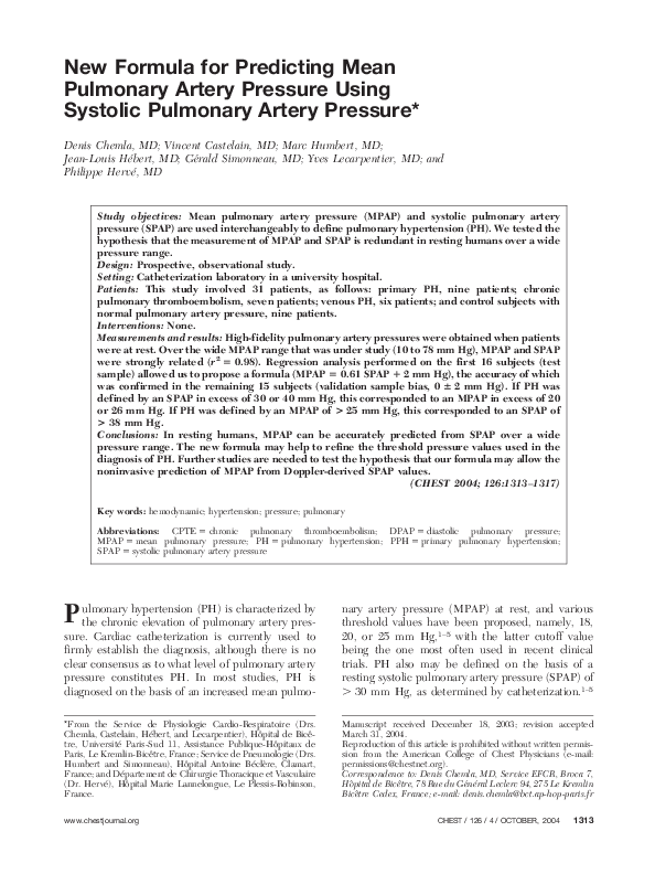 (PDF) New Formula for Predicting Mean Pulmonary Artery Pressure