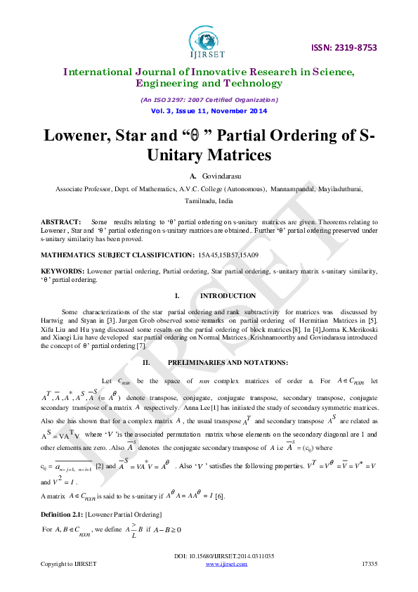 (PDF) Lowener, Star and " " Partial Ordering of S-Unitary Matrices
