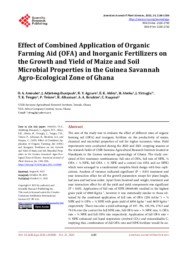 (PDF) Effect of Combined Application of Organic Farming Aid (OFA) and Inorganic Fertilizers on ...