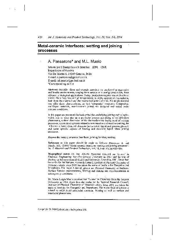 (PDF) Metal-ceramic interfaces: wetting and joining processes | Alberto Passerone - Academia.edu