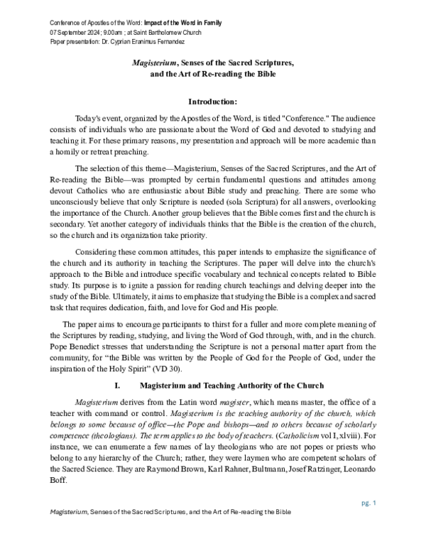(PDF) Magisterium, Senses of the Sacred Scriptures, Reading Bible