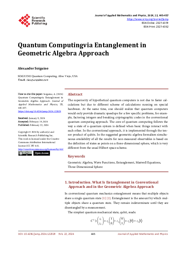 (PDF) Quantum Computingvia Entanglement in Geometric Algebra Approach